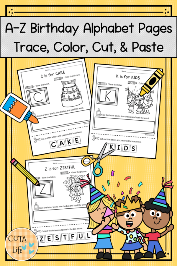 A-Z Birthday Alphabet Activity Workbook – Trace, Color, Cut and Paste ...